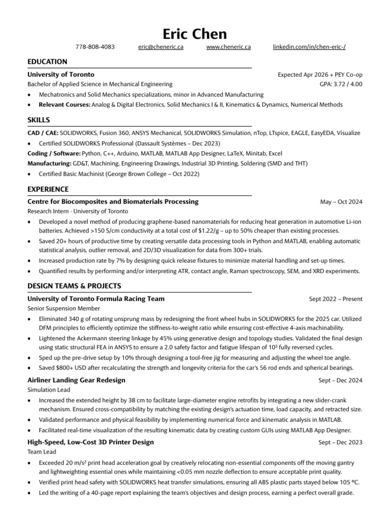 Eric Chen Resume 01 2025 | PDF | Mechanical Engineering