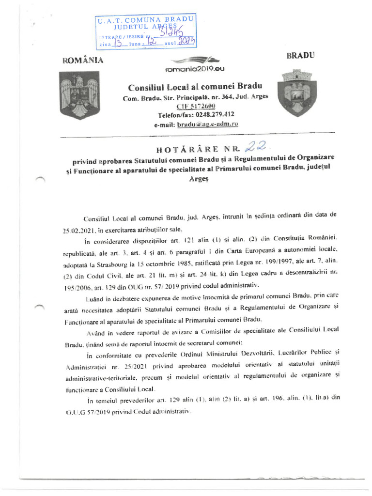 Regulament de Organizare Si Functionare - Primaria Bradu | PDF