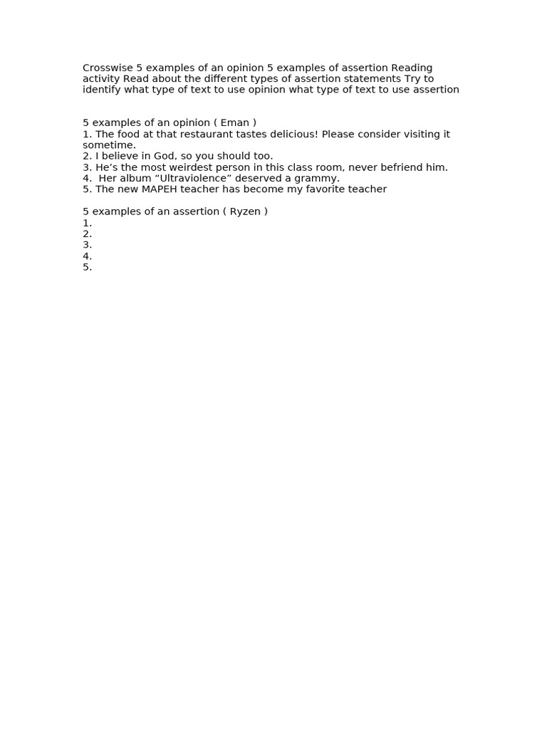 Crosswise 5 Examples of an Opinion 5 Examples of A | PDF