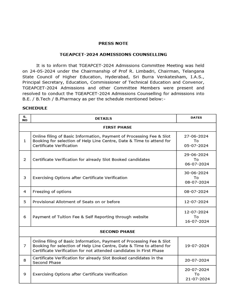 04 Tgeapcet 2024 Schedule Pressnote Final 23may24 | PDF