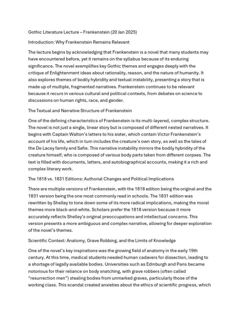 Gothic lit lecture transcript 20 1 2025 | PDF | Frankenstein | Age Of ...