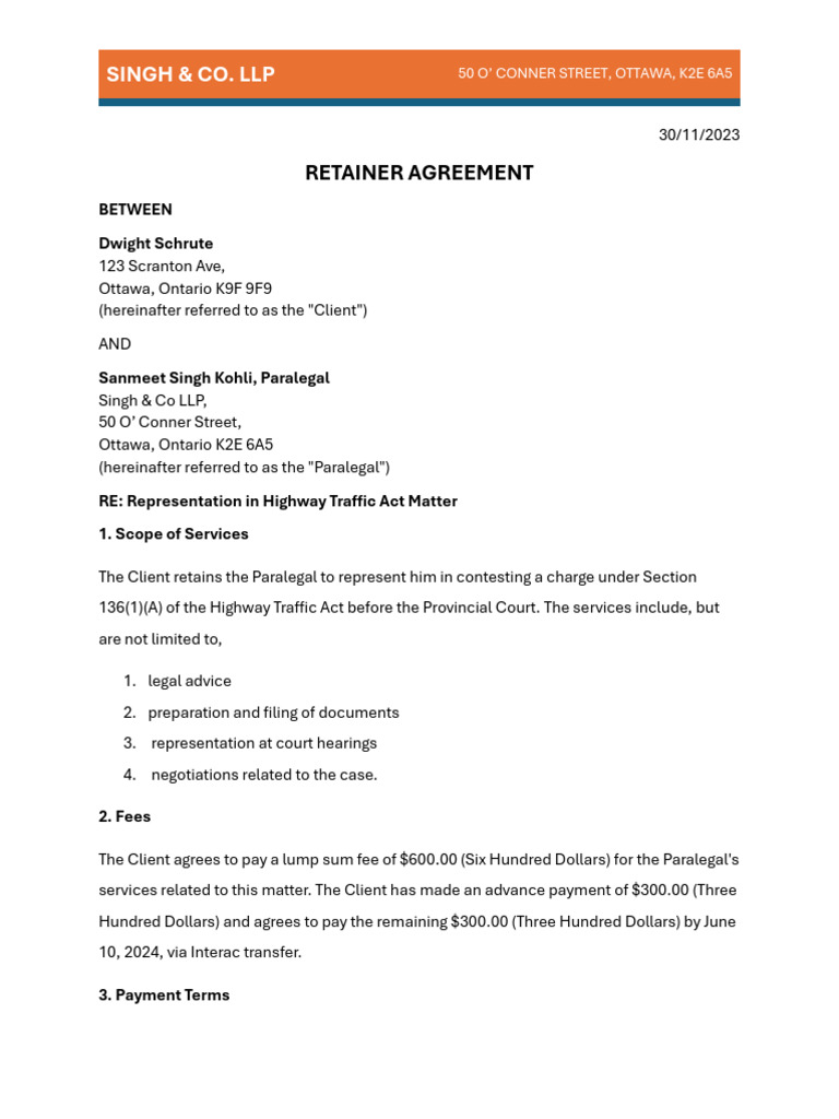 Retainer Agreement Assignment | PDF | Paralegal | Information