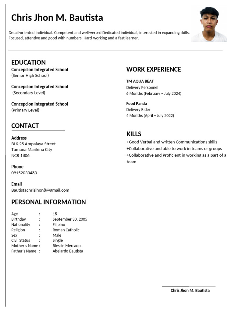 Chris Jhon Bautista's Resume Summary | PDF
