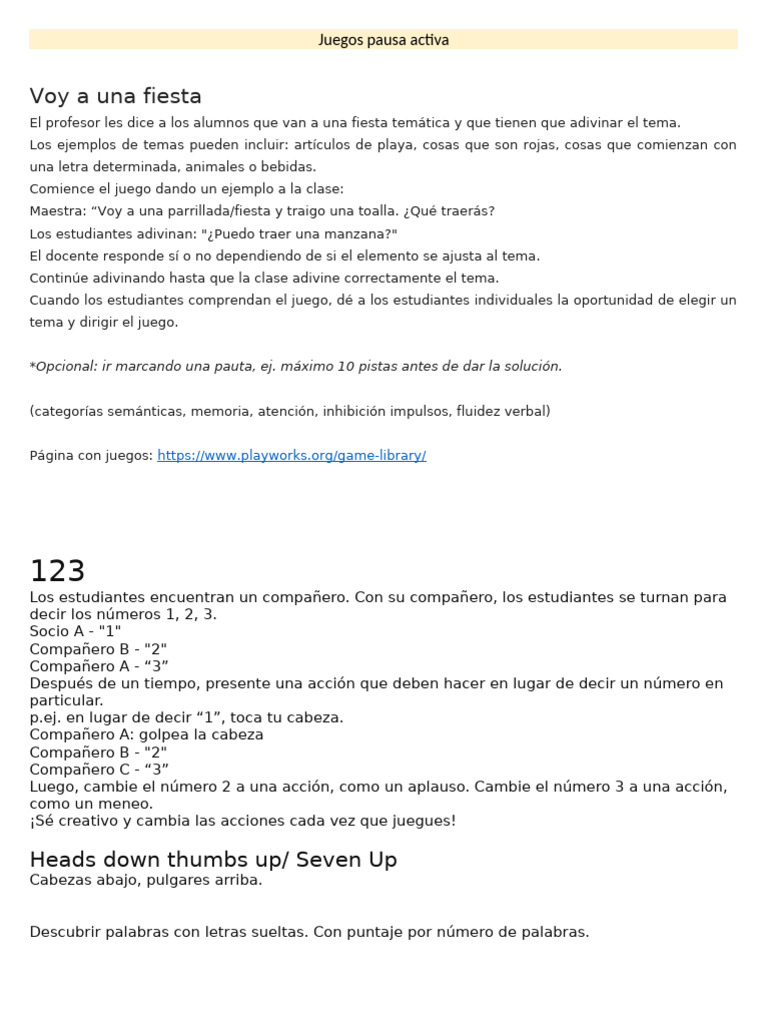 Juegos de Pausa Activa para Clases | PDF | Lingüística | Ciencia cognitiva