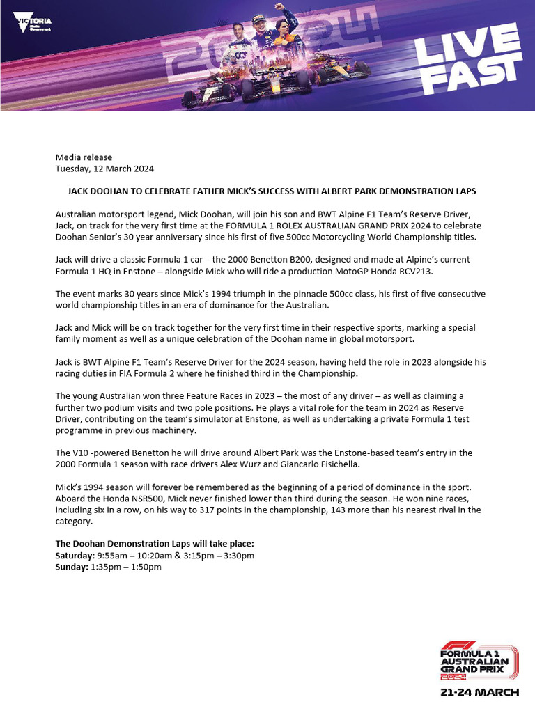 12.07.23 Media Release Jack Doohan To Celebrate Father Micks Success ...