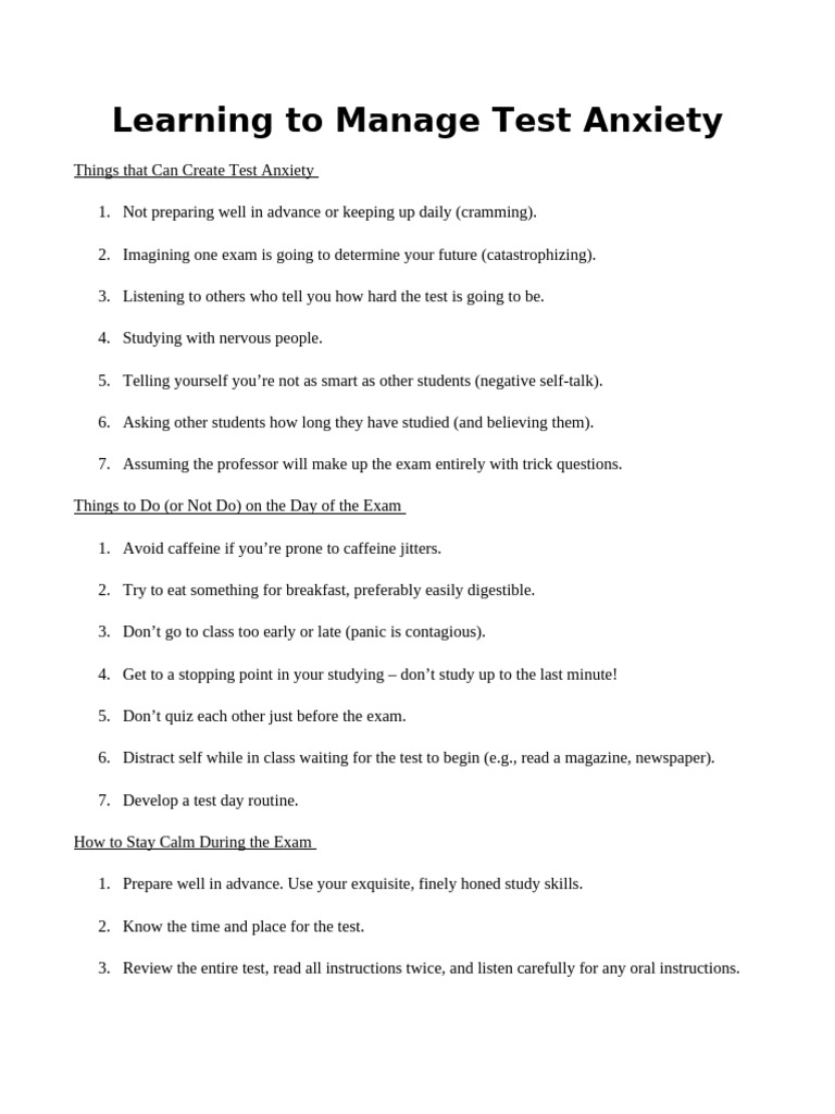 Learning To Manage Test Anxiety Handout | PDF