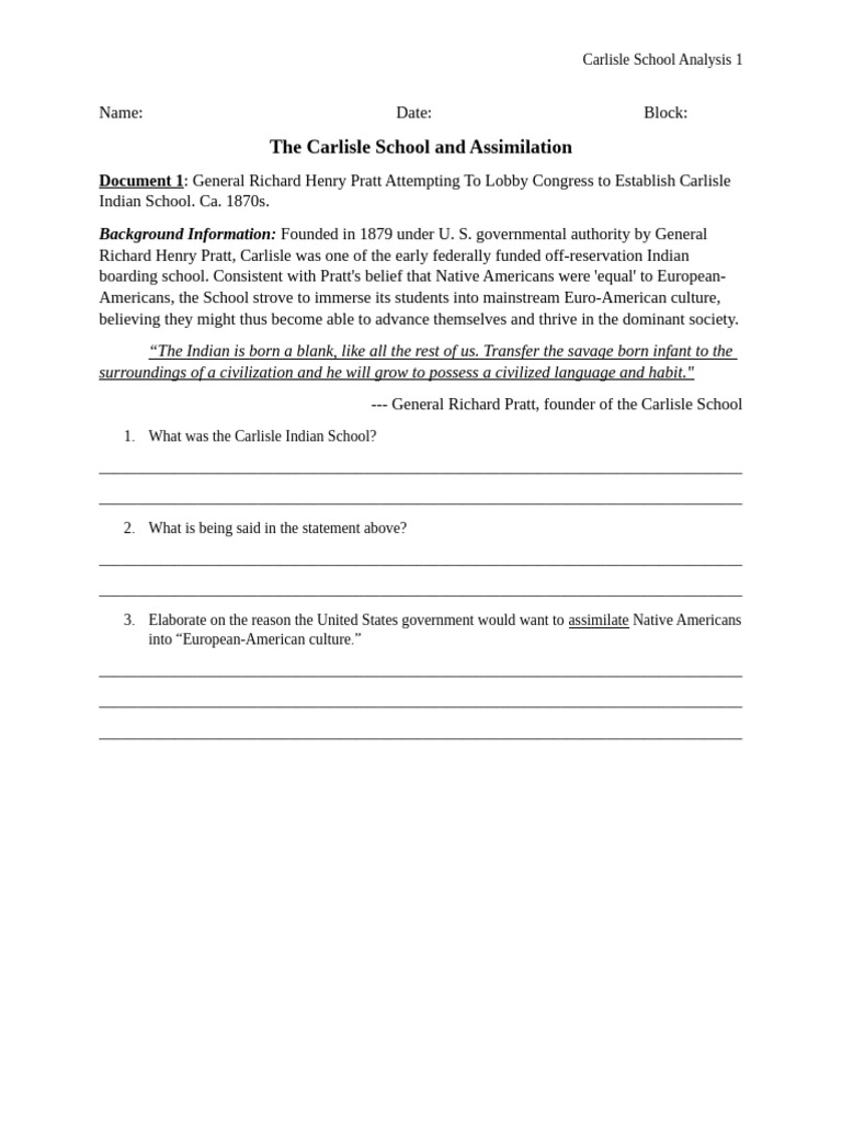 Carlisle School Document Analysis | PDF | Culture Of The United States ...