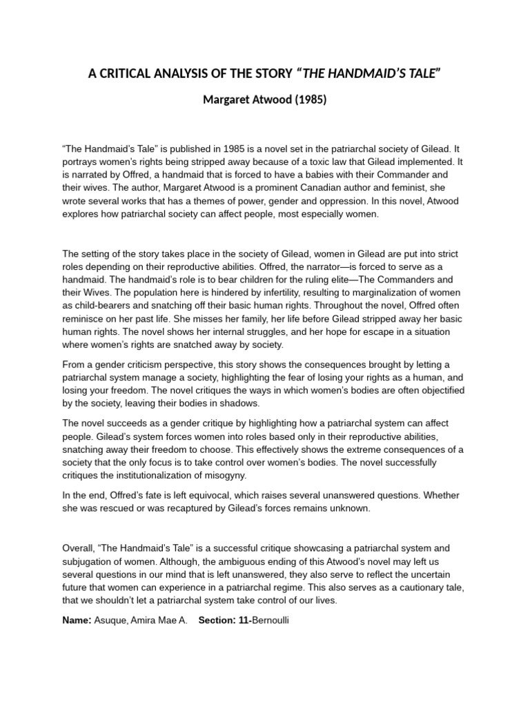 Critical Analysis of The Handmaid's Tale | PDF | Gender Studies | Feminism