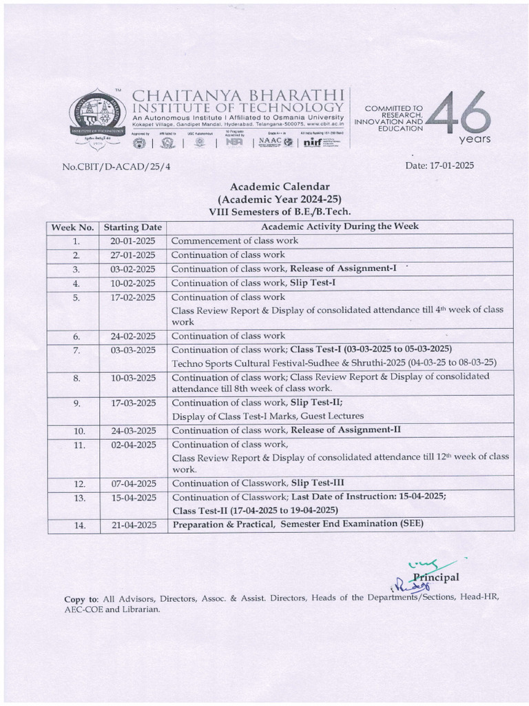 CBIT Academic Calendar 2024-25 | PDF