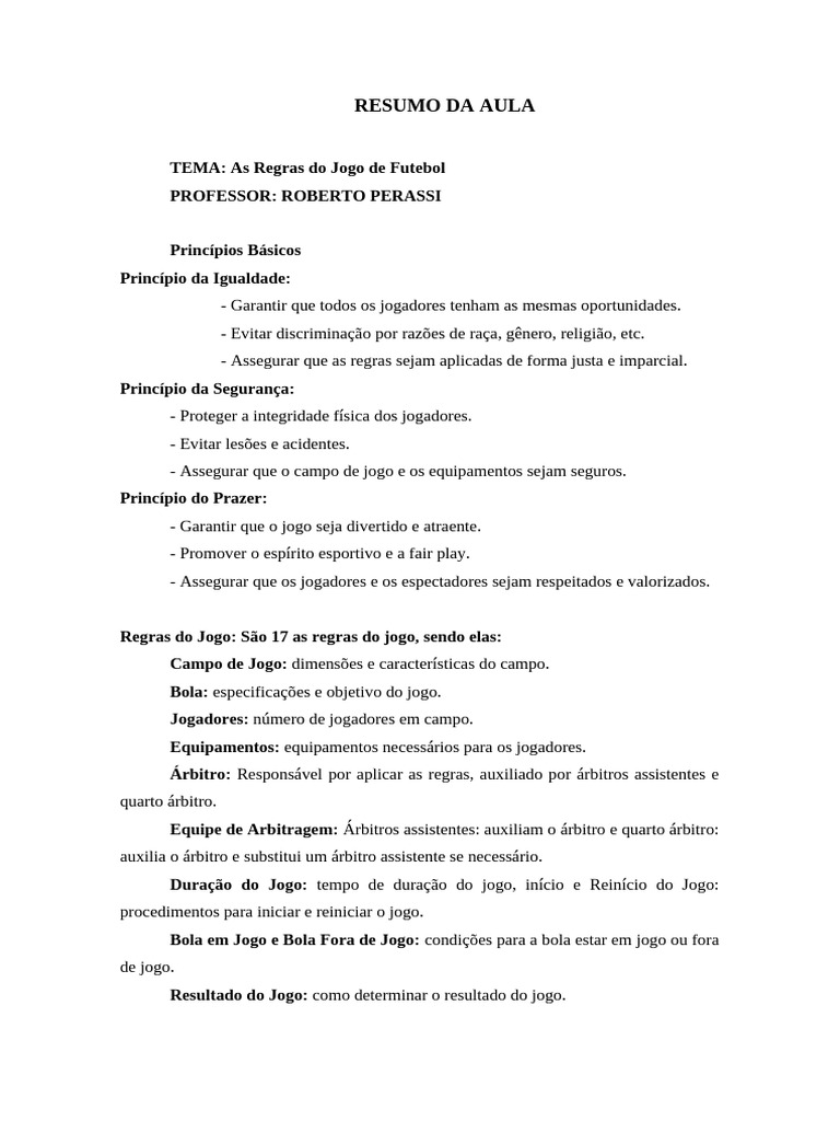 Resumo Da Aula Regras Do Jogo | PDF