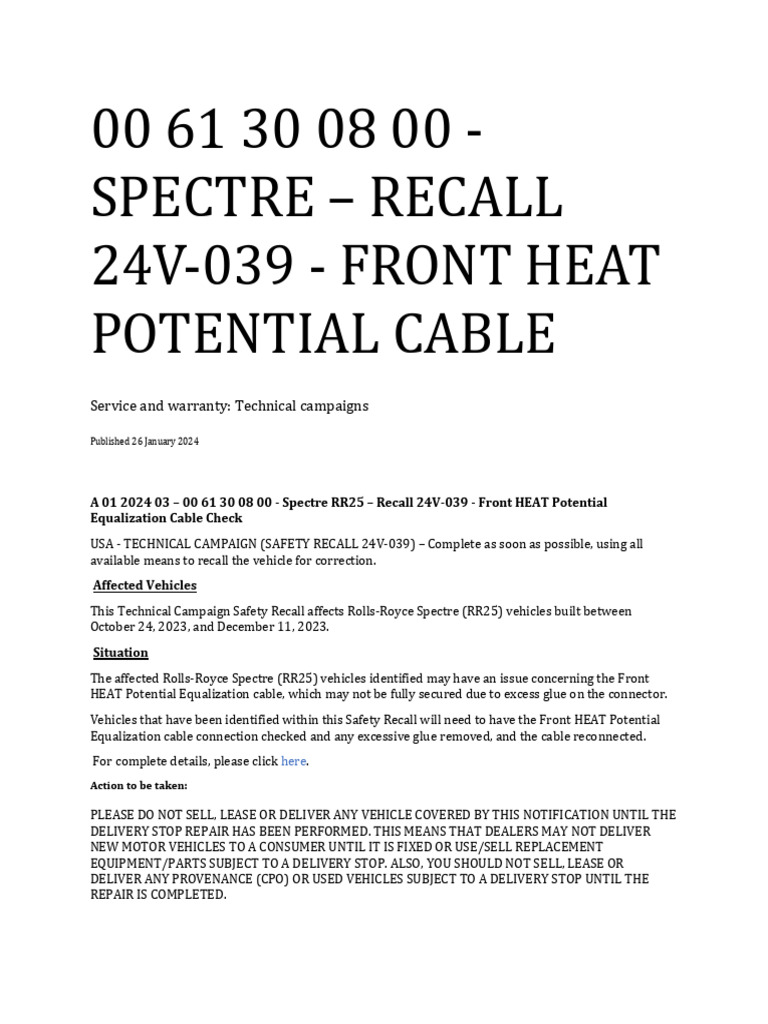 Spectre rr25 Recall 24v 039 Front Heat Potential Equalization Cable ...