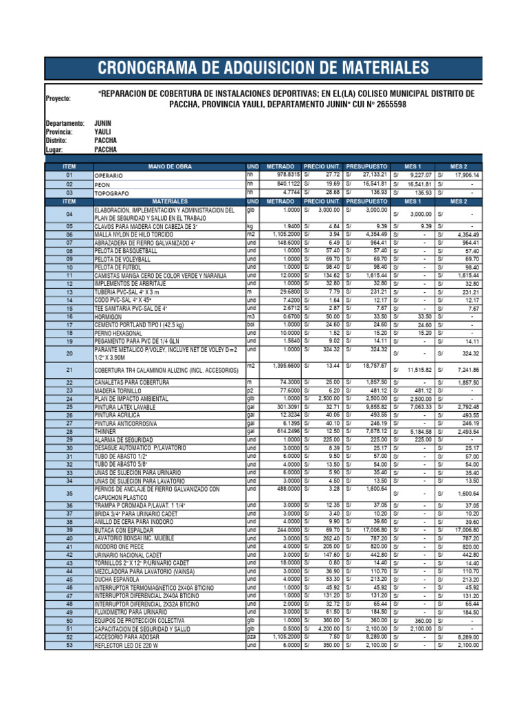Cronograma Adquisicion de Materiales | PDF