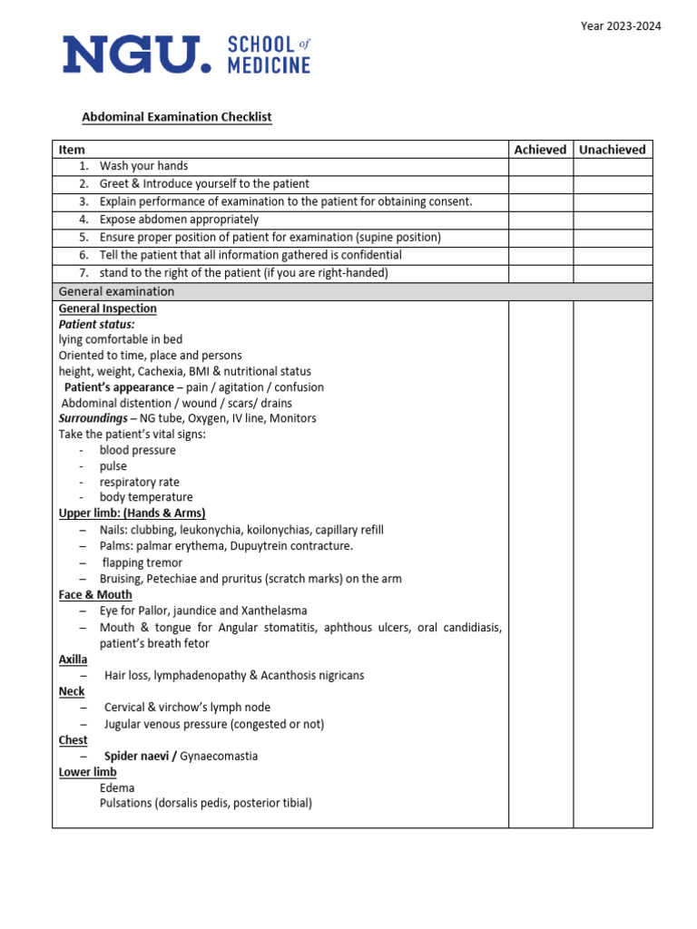 Abdominal Examination Checklist 2023-2024 | PDF | Liver | Edema