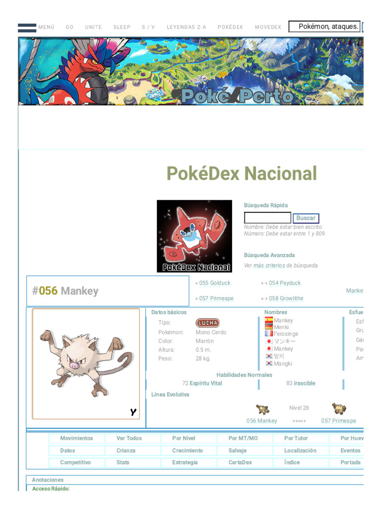 #0056 Mankey - Movimientos Por Nivel - Pokéxperto | PDF | Videojuegos de rol | Nintendo