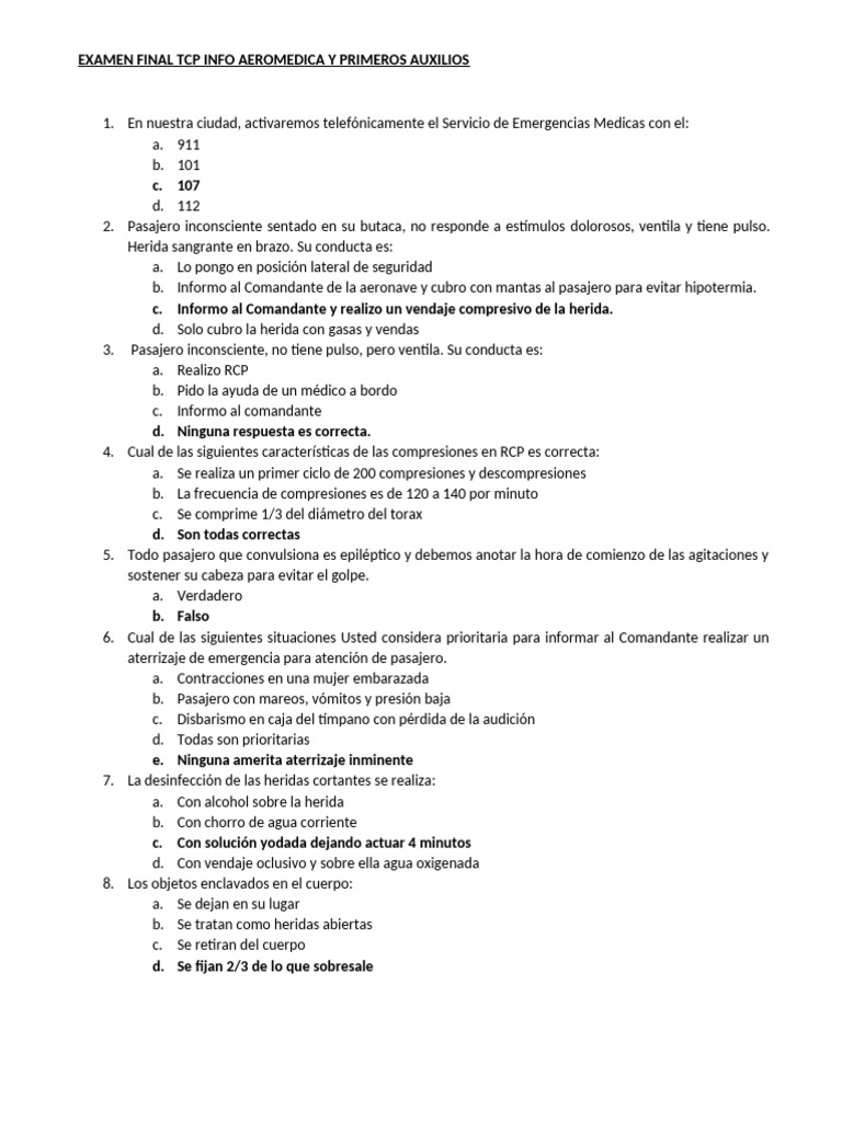 Examen Final TCP Info Aeromedica y Primeros Auxilios 2024 | PDF | Reanimación cardiopulmonar ...