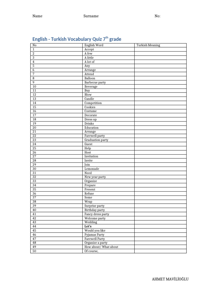 7th Grade English-Turkish Vocabulary Quiz | PDF