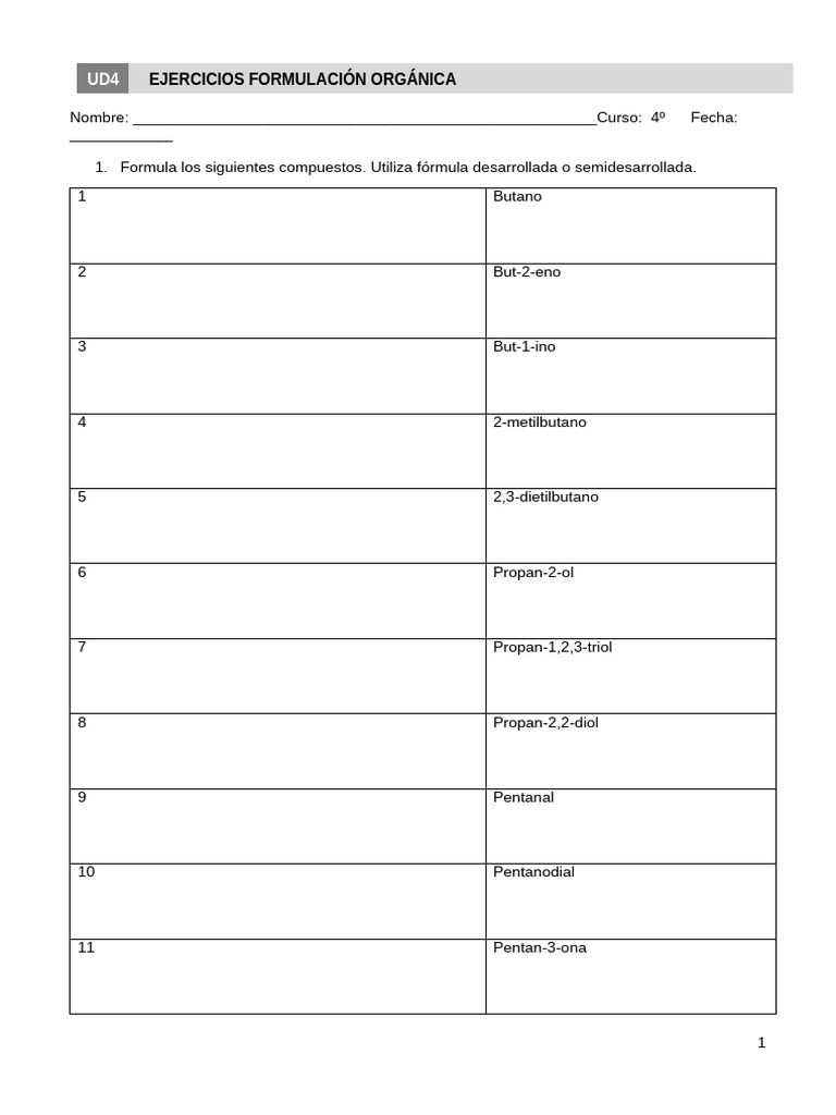 Ejercicios UD4. Formulación Orgánica | PDF | Química Orgánica | Química