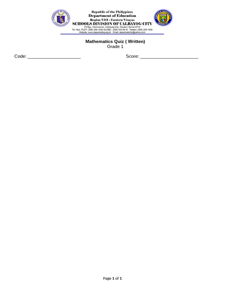 Grade 1 Math Test Template | PDF