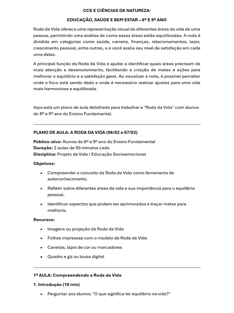 Roda da Vida: Plano de Aula 8º e 9º Ano | PDF | Vida | Science