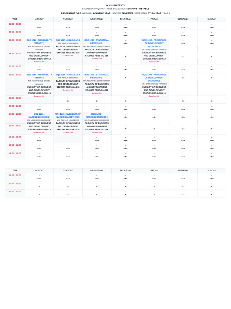 Undefined Bachelor of Quantitative Economics Programme Teaching Timetable | PDF | Workweek And ...