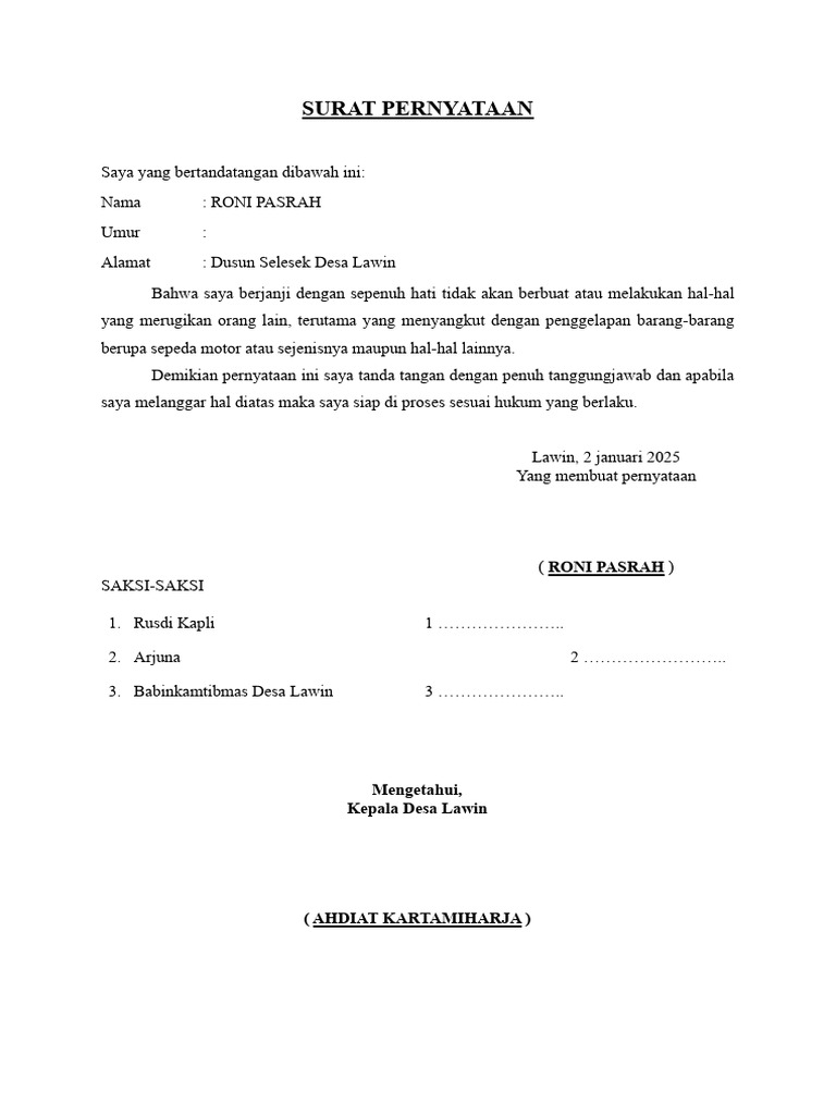 Surat Pernyataan Roni | PDF