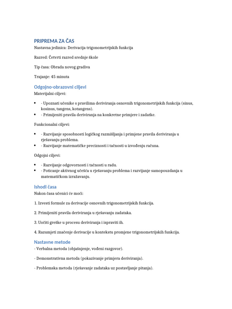 Priprema Derivacije Trigonometrijskih Funkcija | PDF