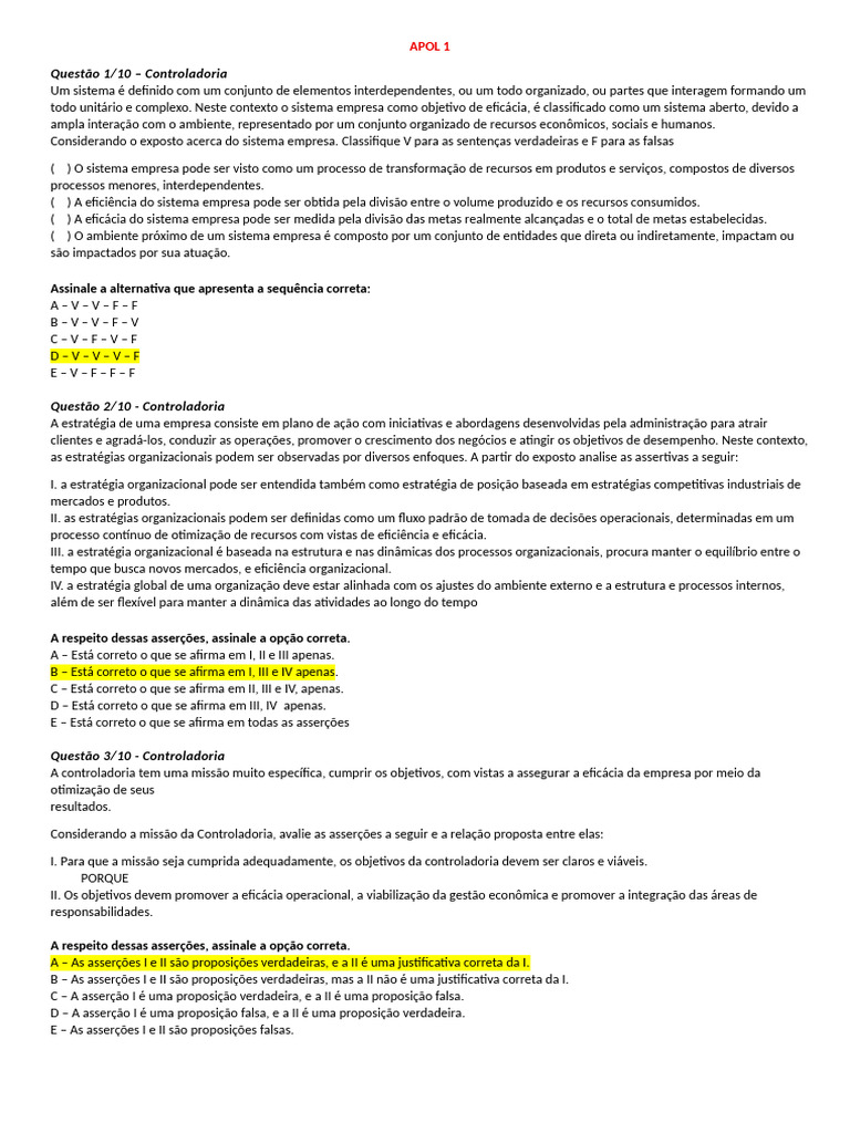 APOL - Controladoria - Finalizada Apol 1 e 2 | PDF | Contabilidade | Vantagem competitiva