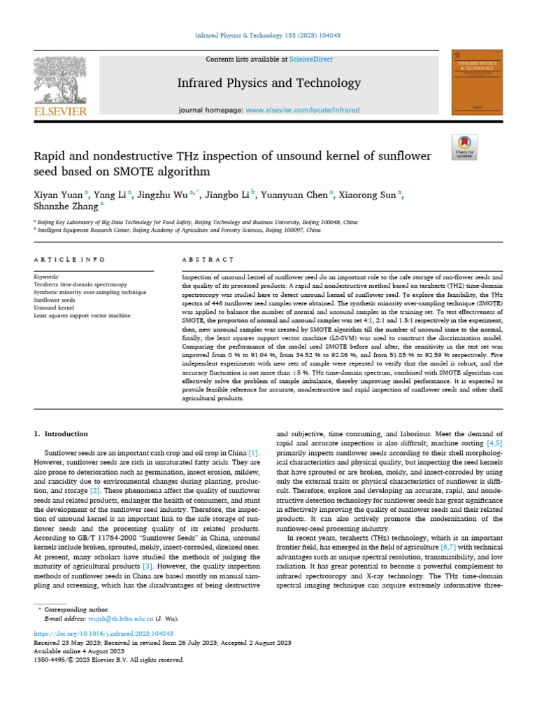 Rapid and Nondestructive THZ Inspection of Unsound Kernel of Sunflower ...