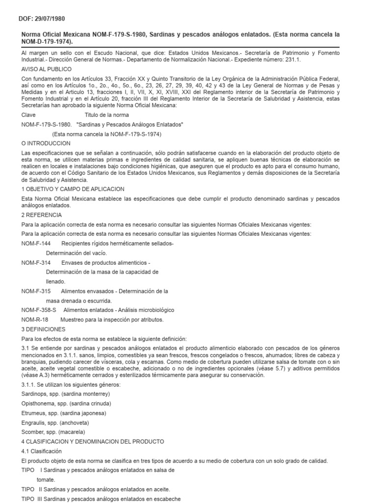 Norma Oficial Mexicana NOM-F-179-S-1980, Sardinas y Pescados Análogos ...
