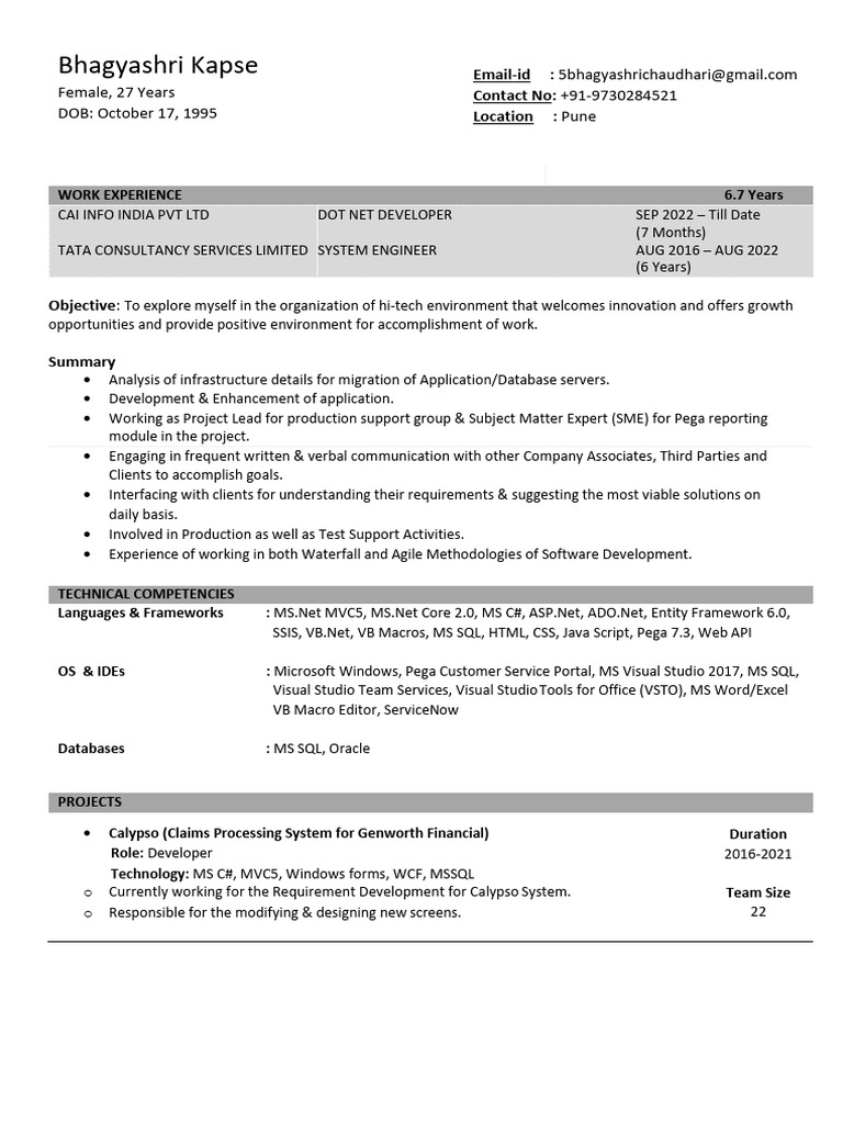 Resume Bhagyashri Kapse | PDF | Microsoft Sql Server | Software Engineering