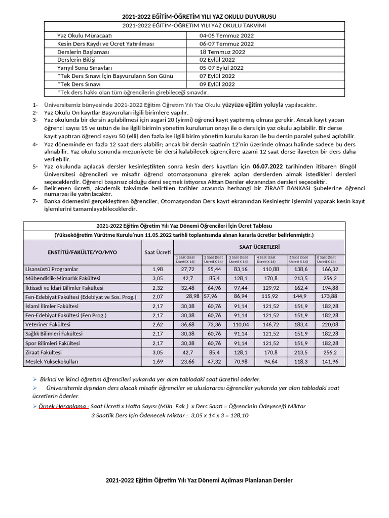 2021 2022 Egitim Ogretim Yili Yaz Okulu Duyurusu | PDF