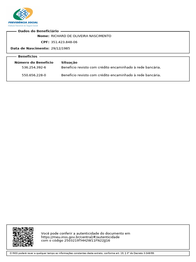 Extrato de Benefícios INSS - Richard Nascimento | PDF
