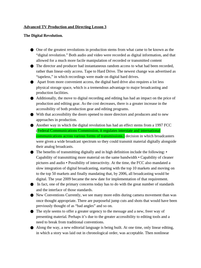 Advanced TV Production and Directing Lesson 3 | PDF | Broadcasting | Federal Communications ...