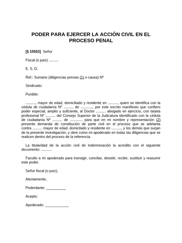 Poder para Ejercer La Acción Civil en El Proceso Penal | PDF | Fiscal ...