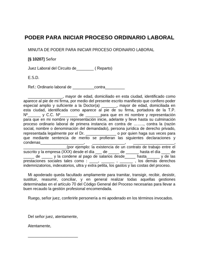 Poder para Iniciar Proceso Ordinario Laboral | PDF | Demanda judicial | Justicia