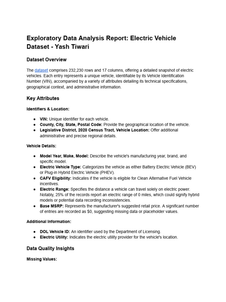 Exploratory Data Analysis Report_ Electric Vehicle Dataset - | PDF | Plug In Hybrid | Hypothesis