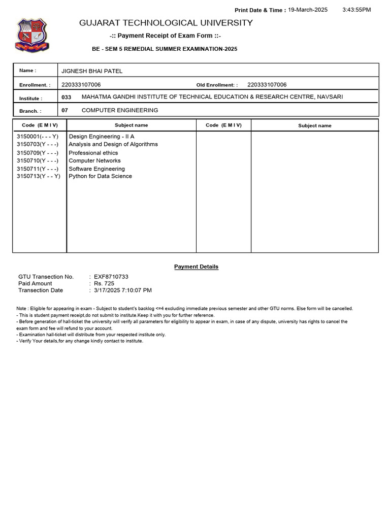 GTU Exam Form Payment Receipt 2025 | PDF