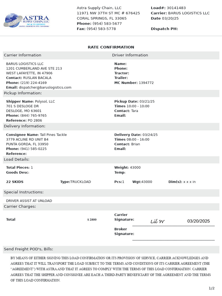Load Confirmation for Astra Supply Chain | PDF | Cargo | Insurance