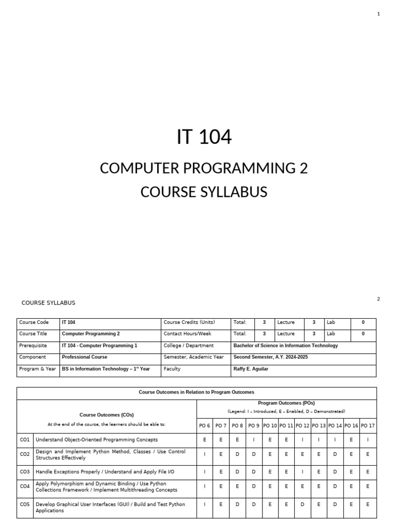 Syllabus It 212 Computer Programming 2 | PDF | Method (Computer Programming) | Class (Computer ...