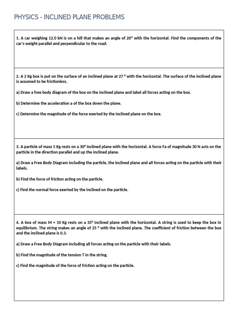 Physics - Inclined Plane Worksheet | PDF