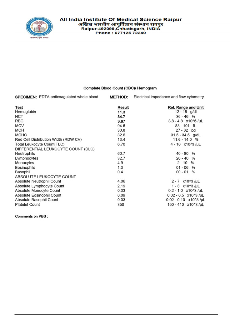 CBC Results and Normal Ranges | PDF | White Blood Cell | Anatomy