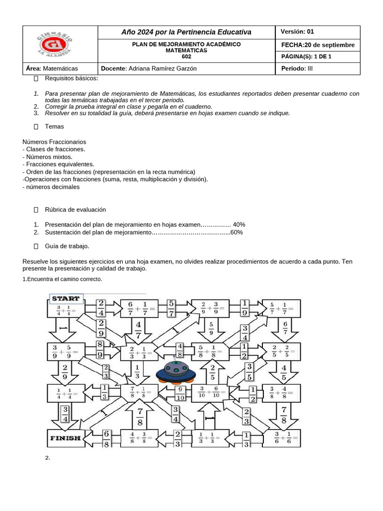 Plan de Mejoramiento Matematicas - 602° | PDF