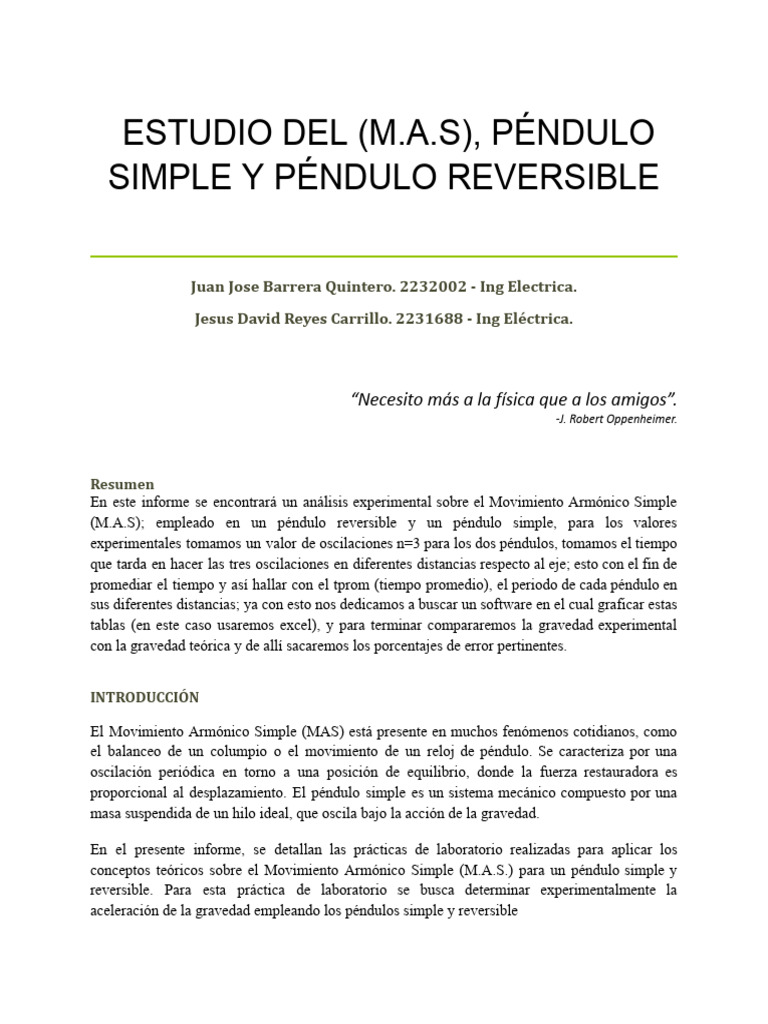 I3. Estudio Del Mas Del Péndulo Simple y Pendulo Reversible | PDF | Péndulo | Oscilación
