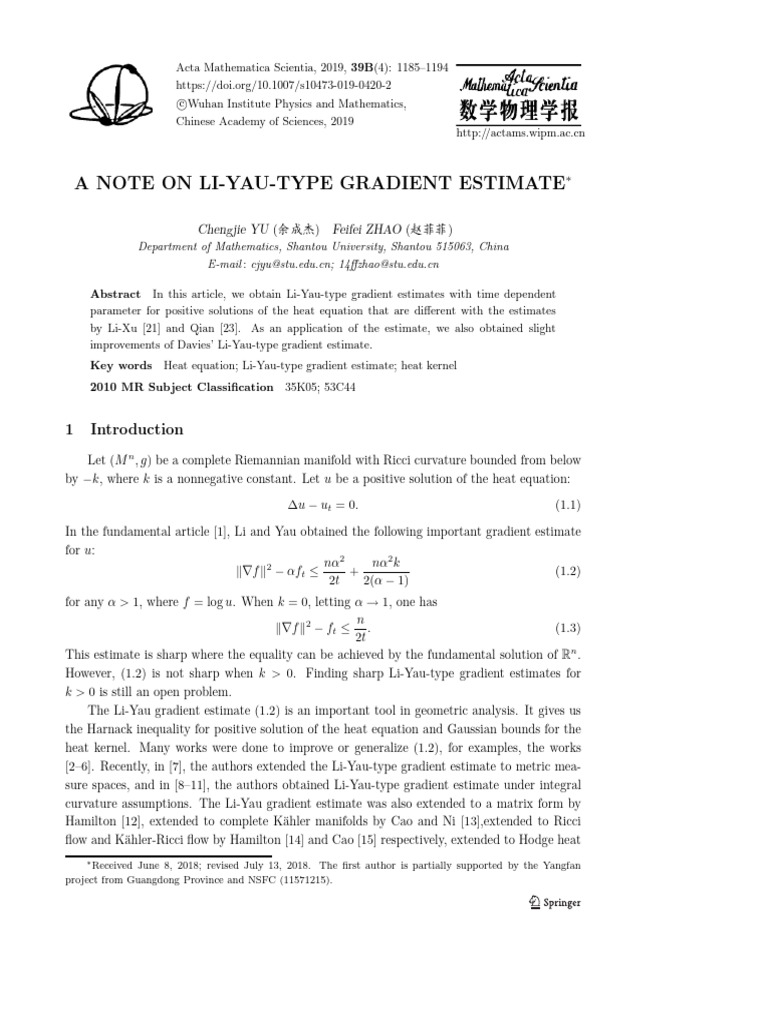 ***A NOTE ON LI-YAU-TYPE GRADIENT ESTIMATE | PDF | Mathematical Physics | Mathematical Analysis