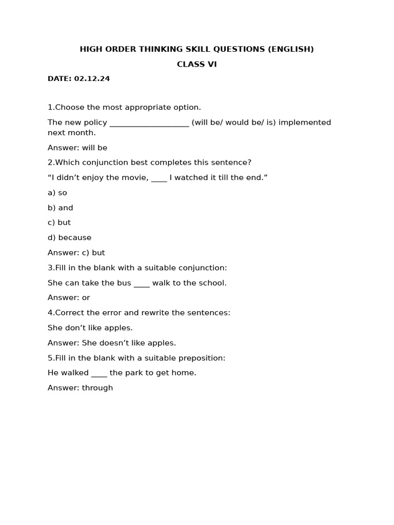High Order Thinking Skills for Class VI | PDF