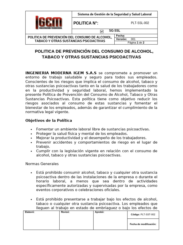 PLT-SST-002 Política de Prevención Del Consumo de Alcohol, Tabaco y Otras Sustancias ...