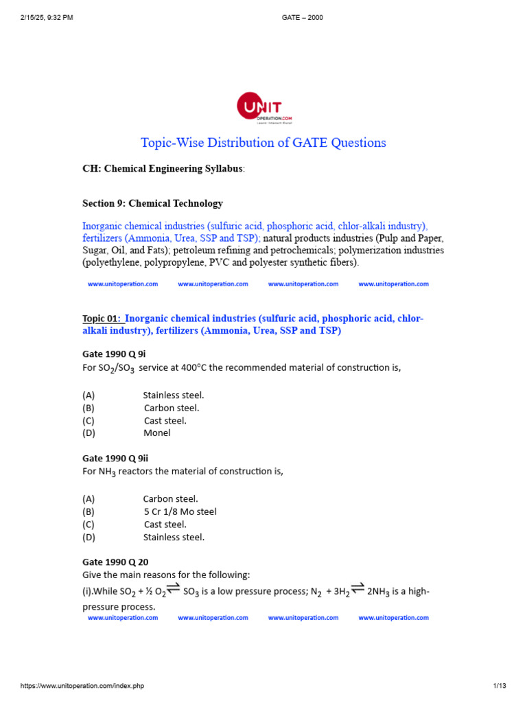 Chemical Technology PYQ GATE | PDF | Sodium Carbonate | Sulfuric Acid