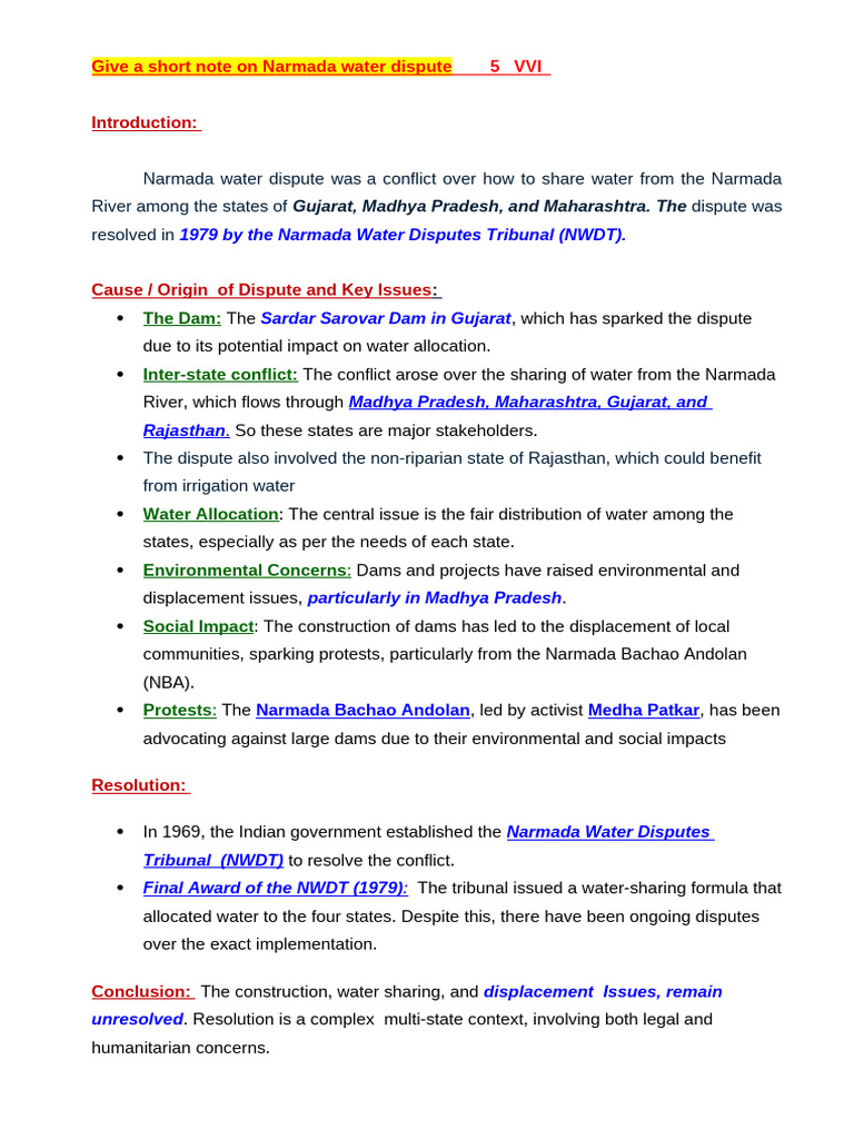 Narmada Water Dispute 5 Marks | PDF