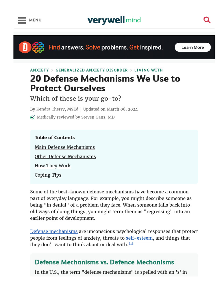 Defense Mechanisms in Humans | PDF | Anxiety | Psychoanalytic Theory