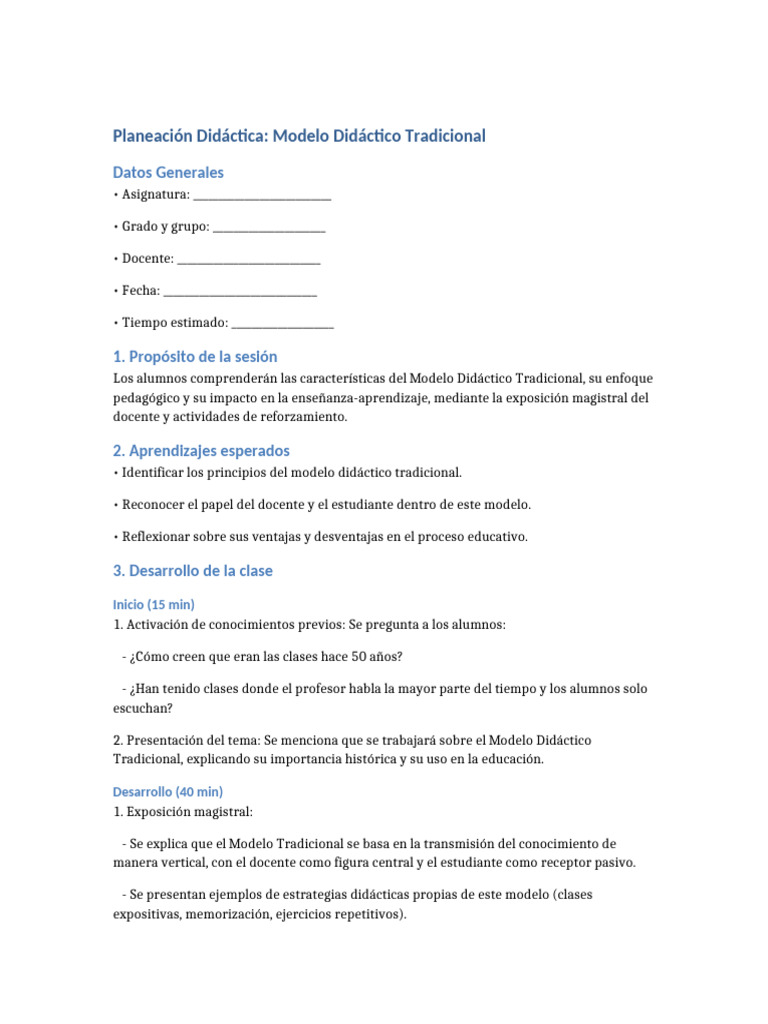 Planeacion Modelo Tradicional | PDF | Maestros | Enseñando